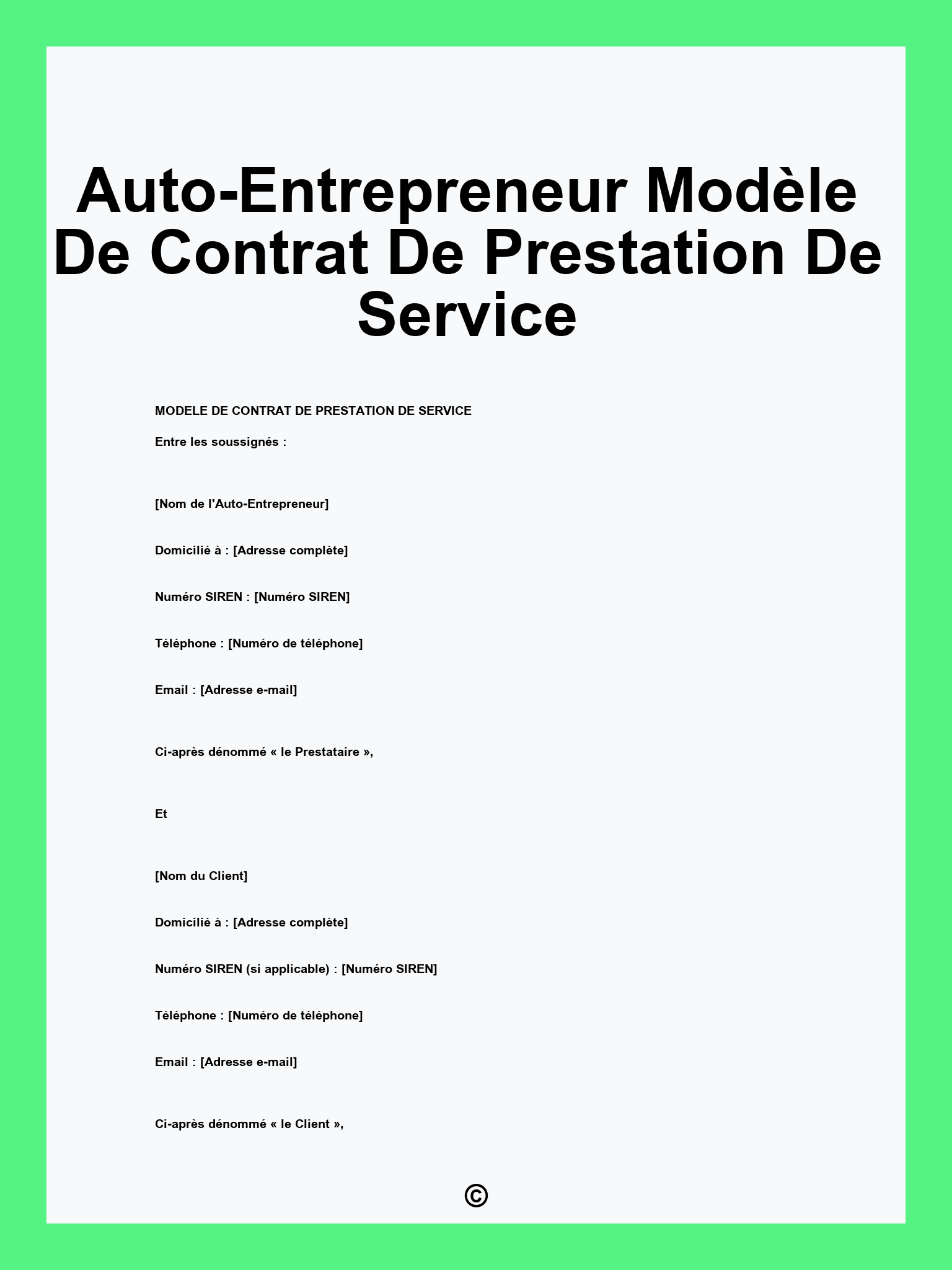 Auto-Entrepreneur Modèle De Contrat De Prestation De Service