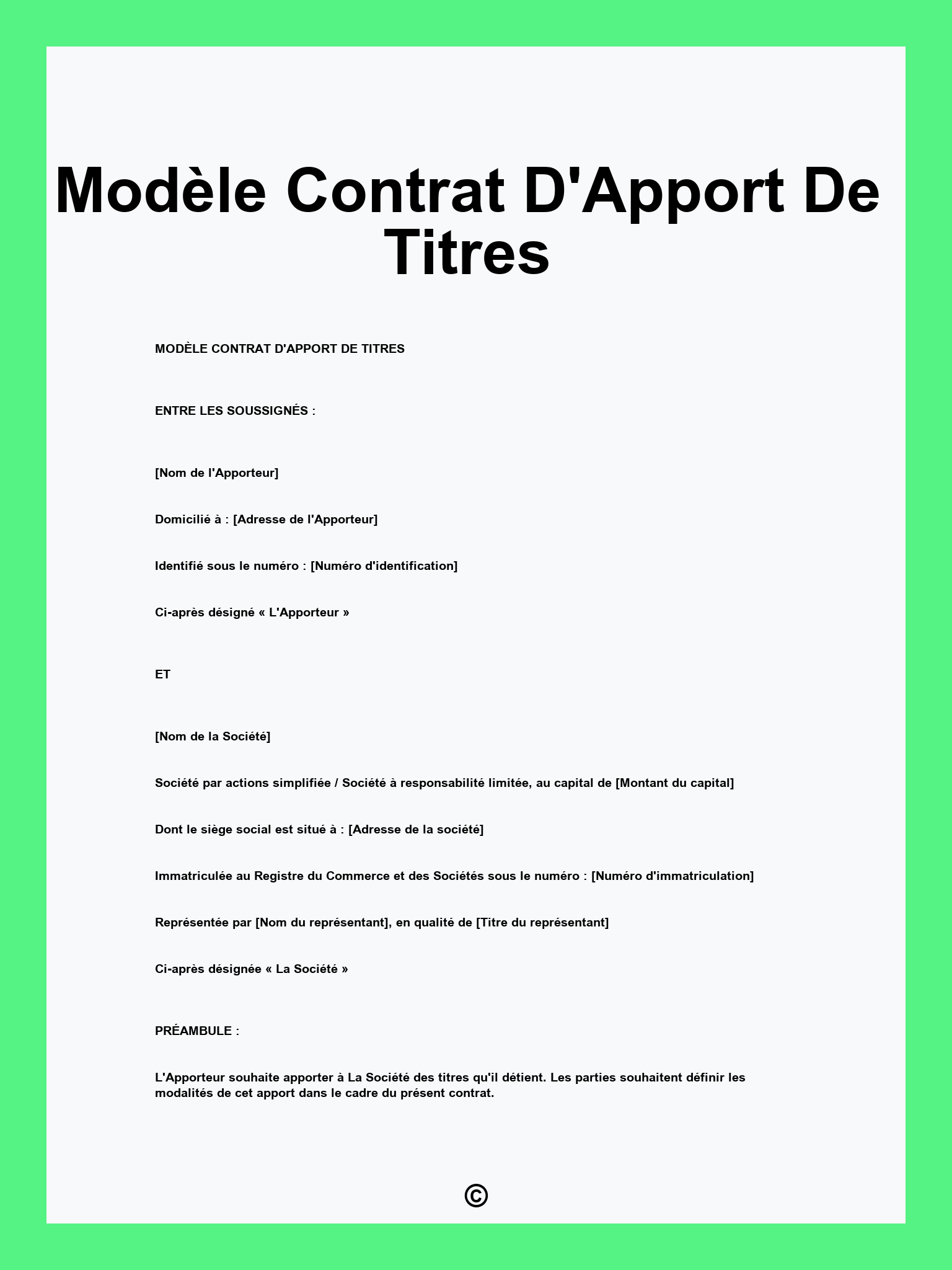 Modèle Contrat D'Apport De Titres
