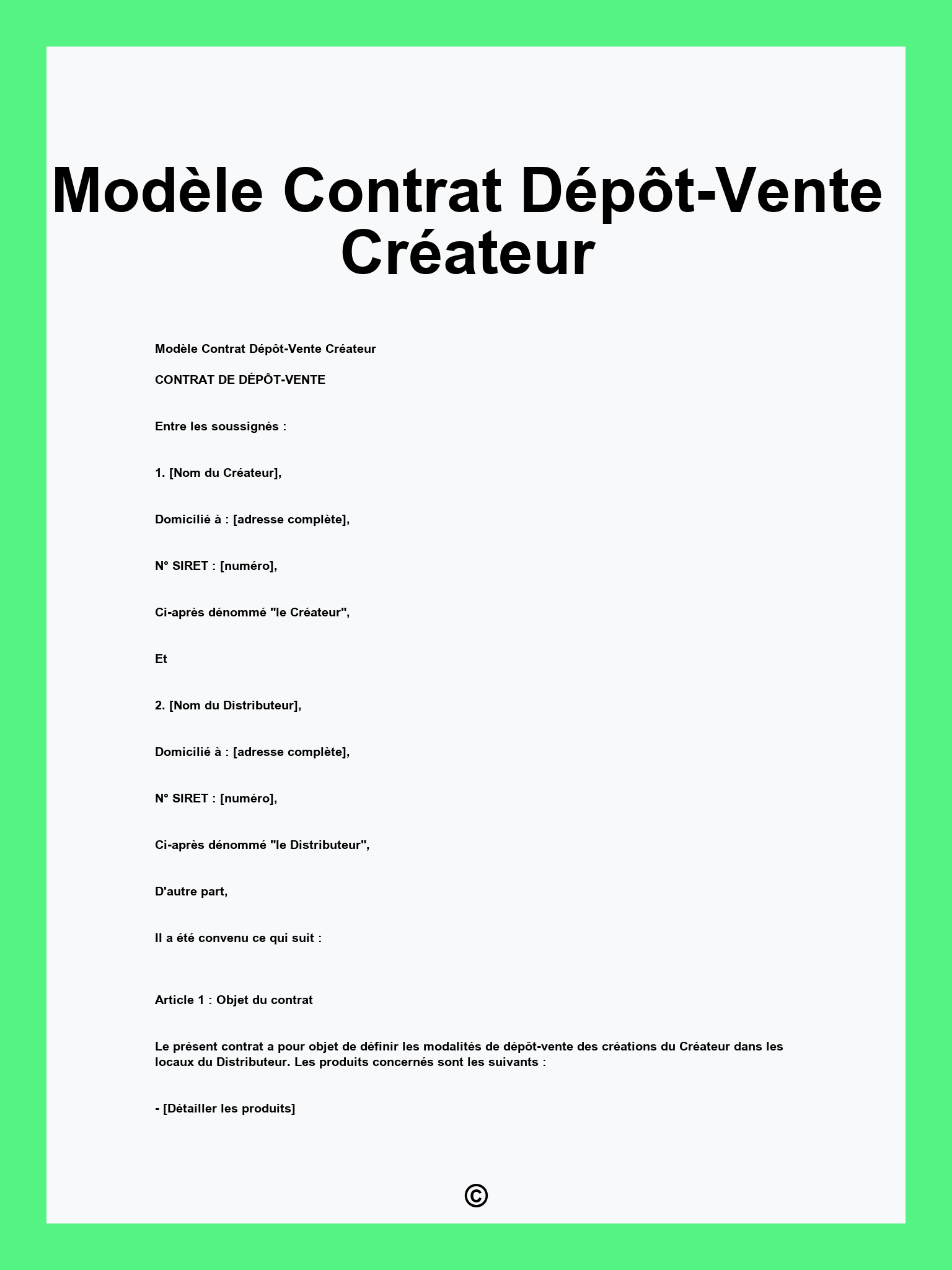 Modèle Contrat Dépôt-Vente Créateur