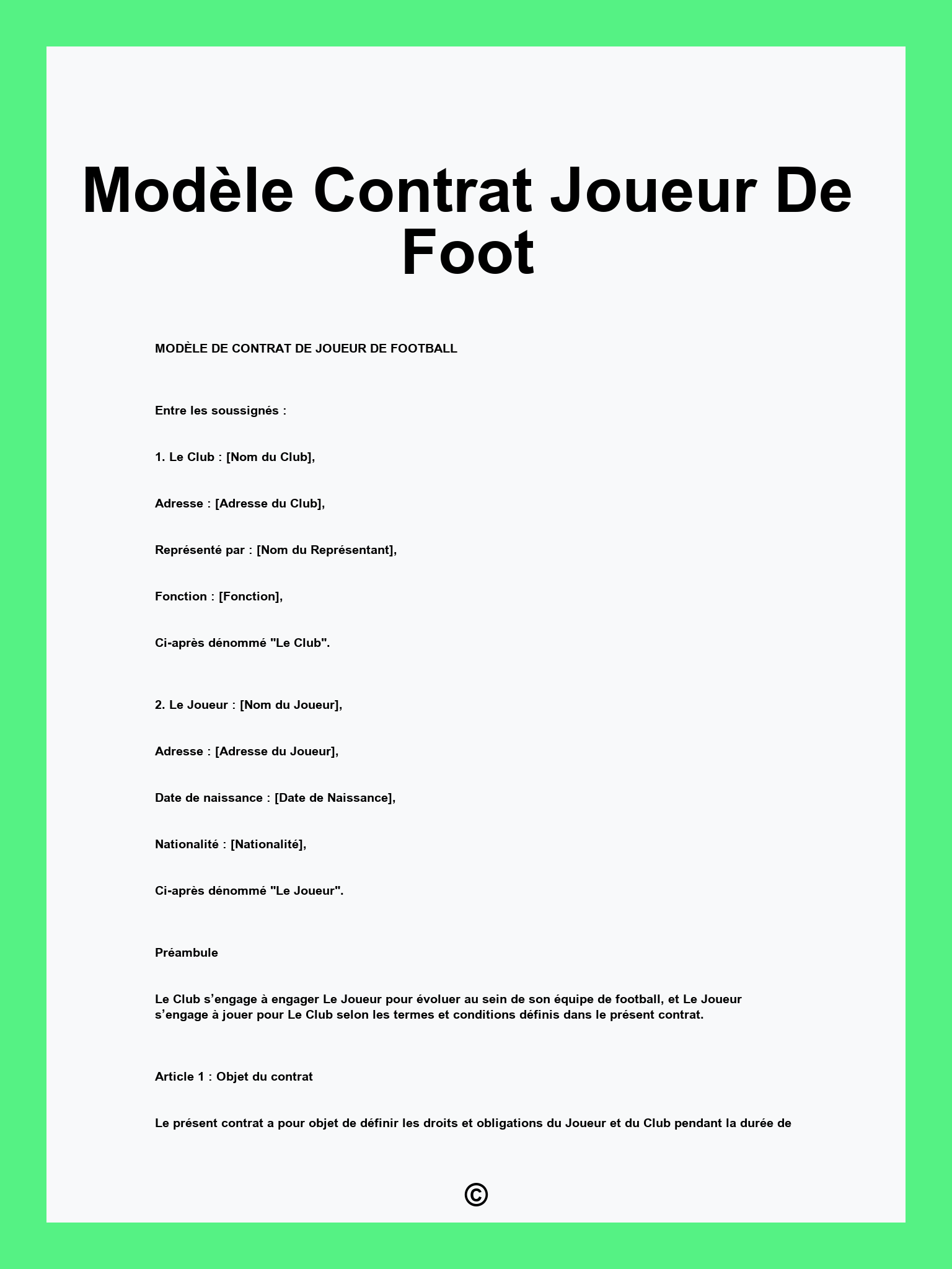 Modèle Contrat Joueur De Foot