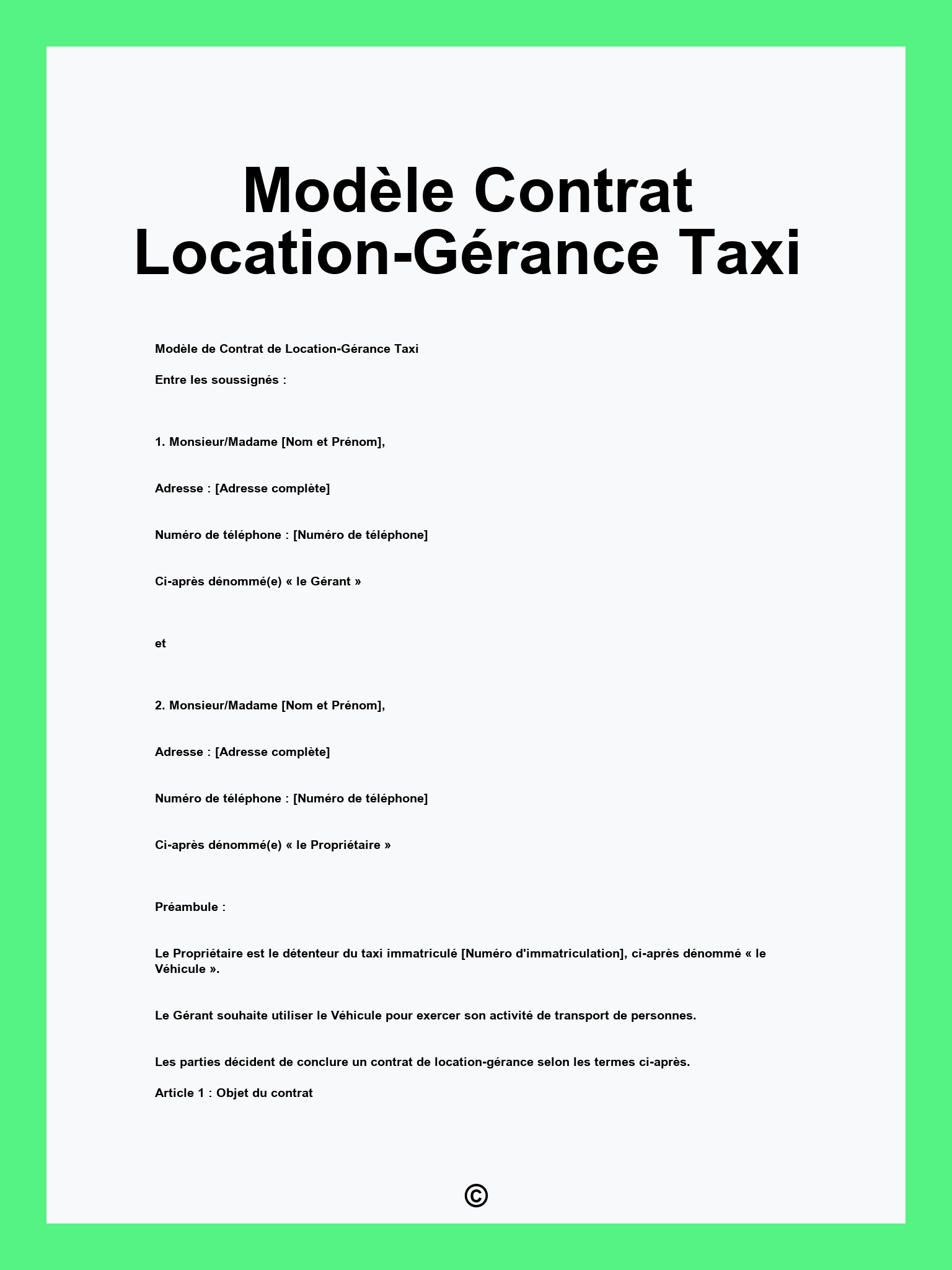 Modèle Contrat Location-Gérance Taxi