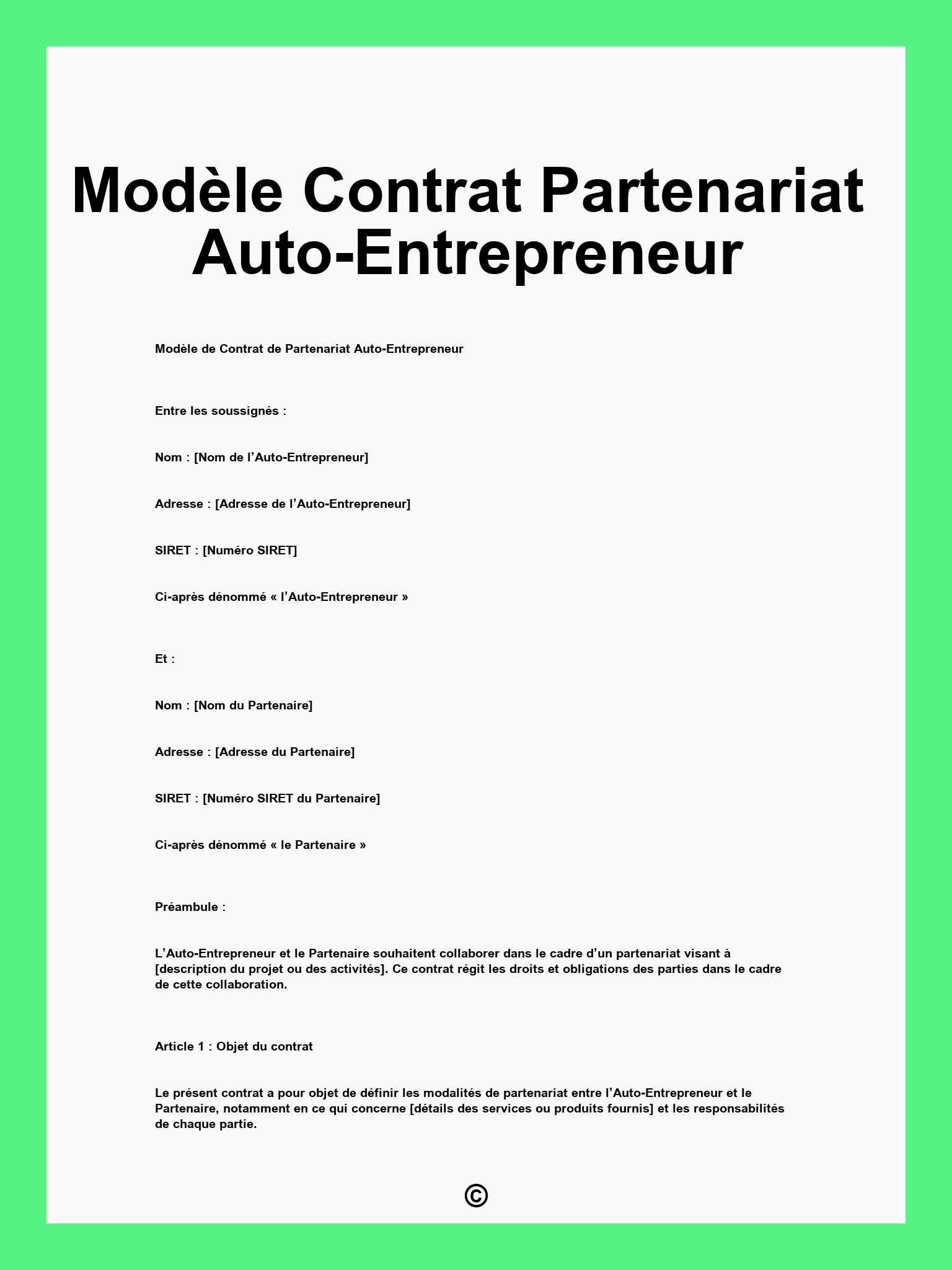 Modèle Contrat Partenariat Auto-Entrepreneur