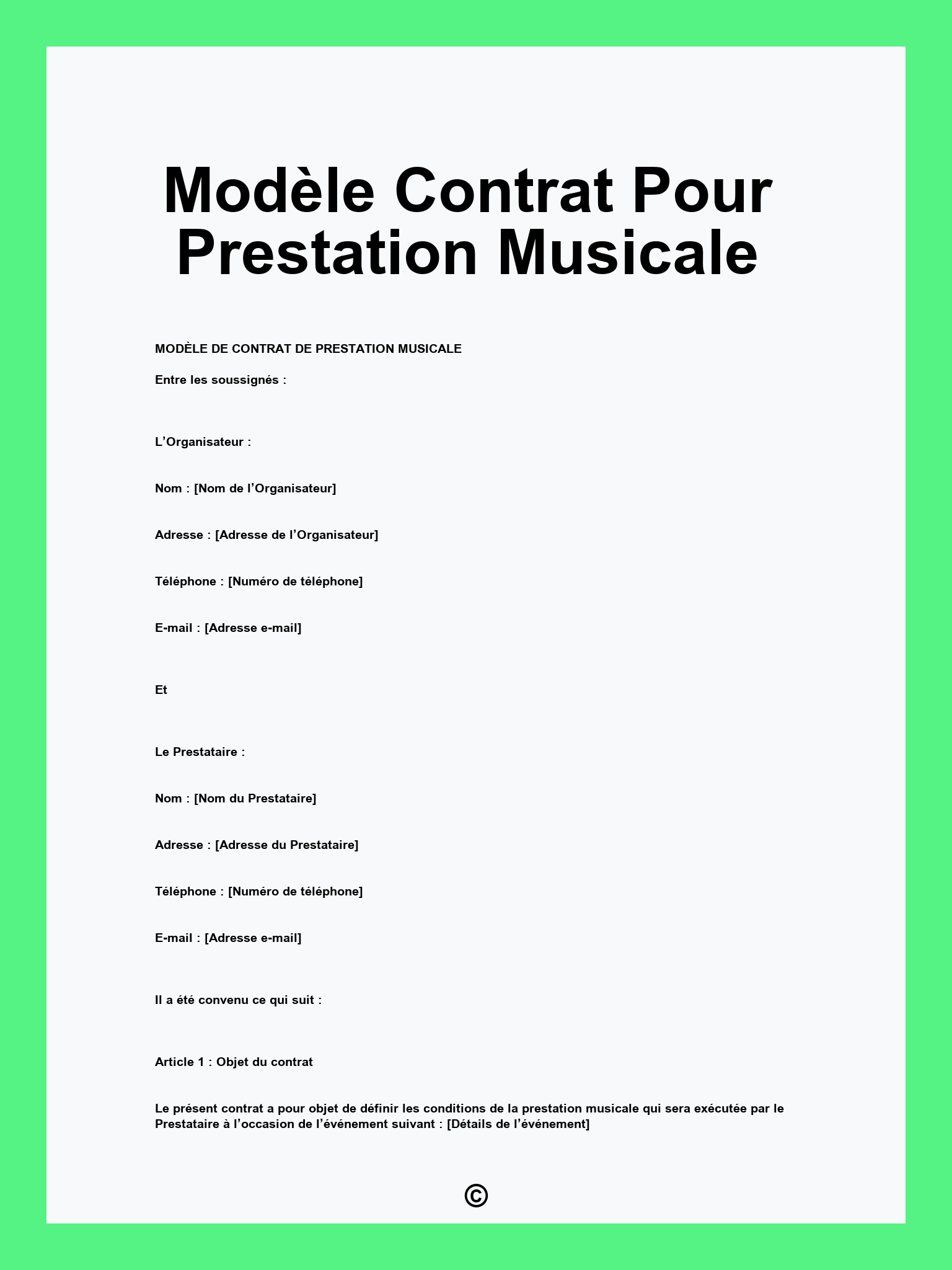 Modèle Contrat Pour Prestation Musicale