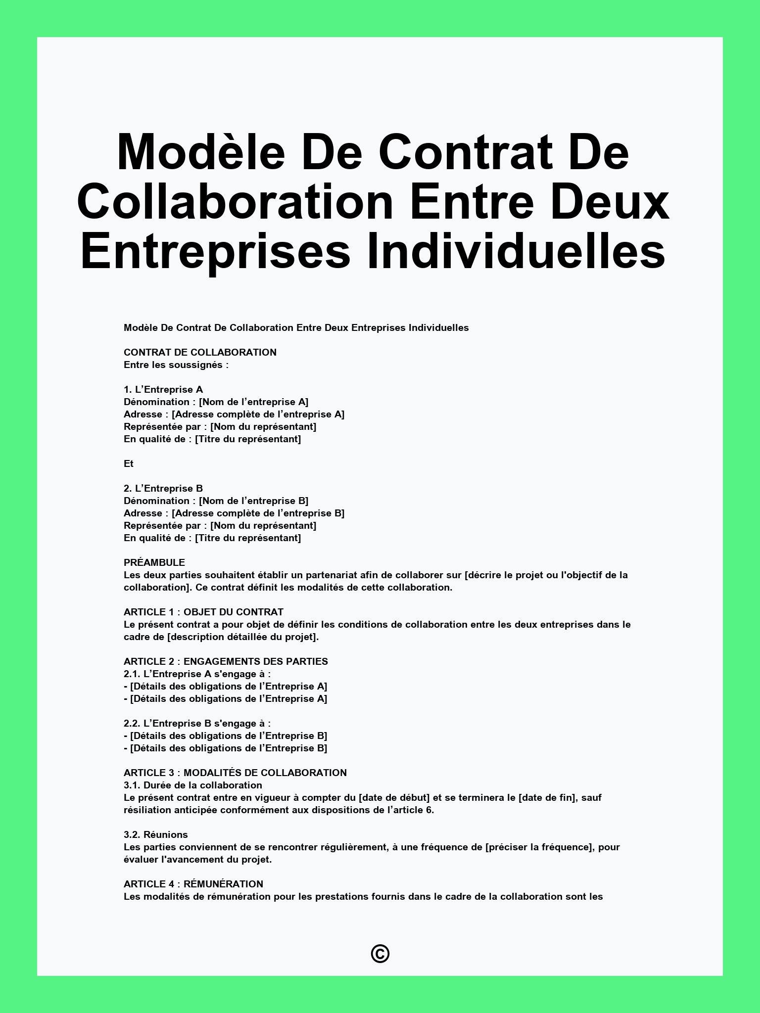 Modèle De Contrat De Collaboration Entre Deux Entreprises Individuelles