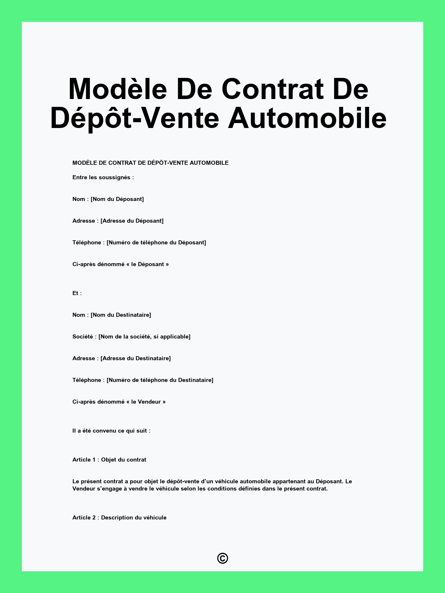Modèle De Contrat De Dépôt-Vente Automobile Modèle De Contrat De Dépôt-Vente Automobile