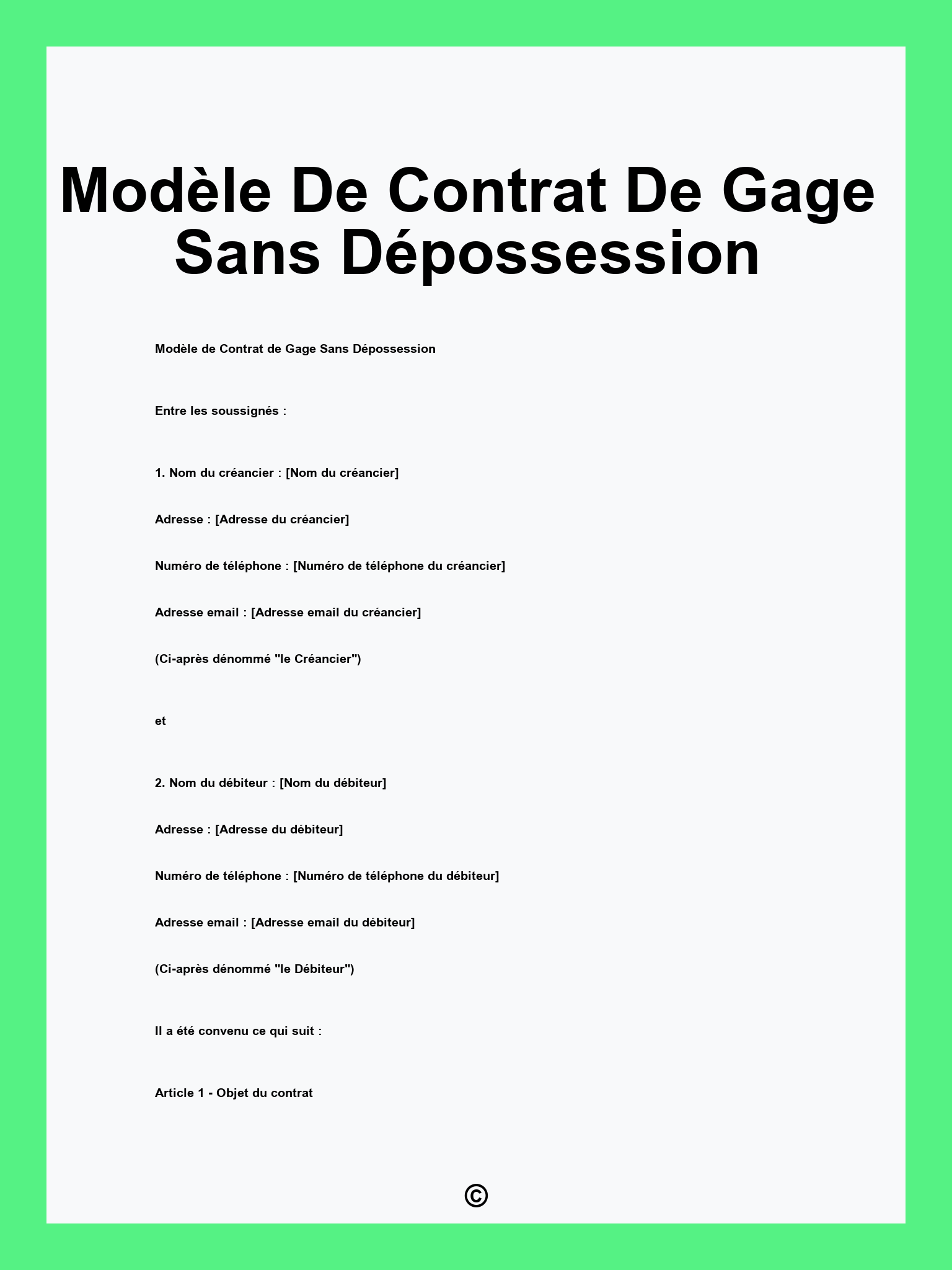 Modèle De Contrat De Gage Sans Dépossession