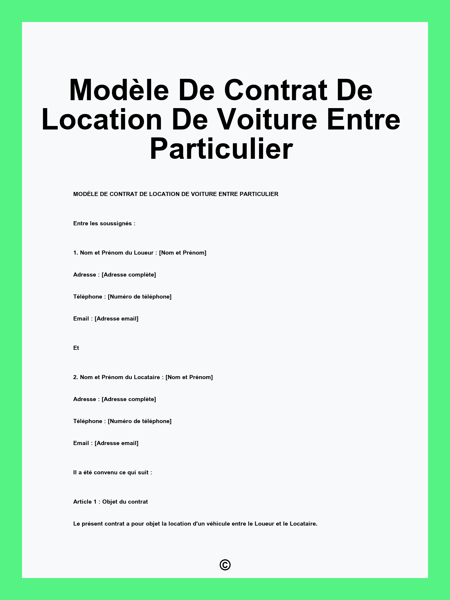 Modèle De Contrat De Location De Voiture Entre Particulier