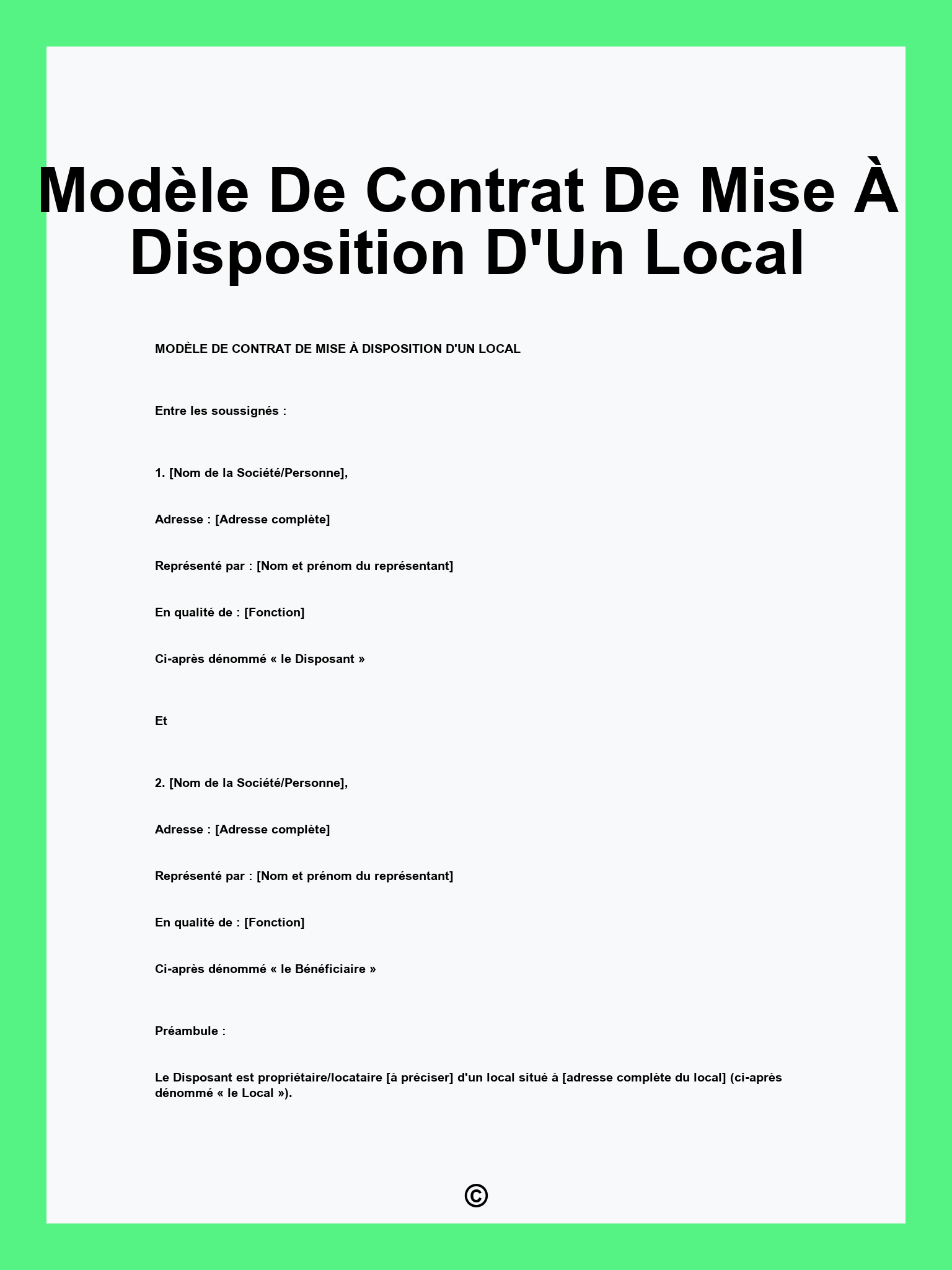 Modèle De Contrat De Mise À Disposition D'Un Local