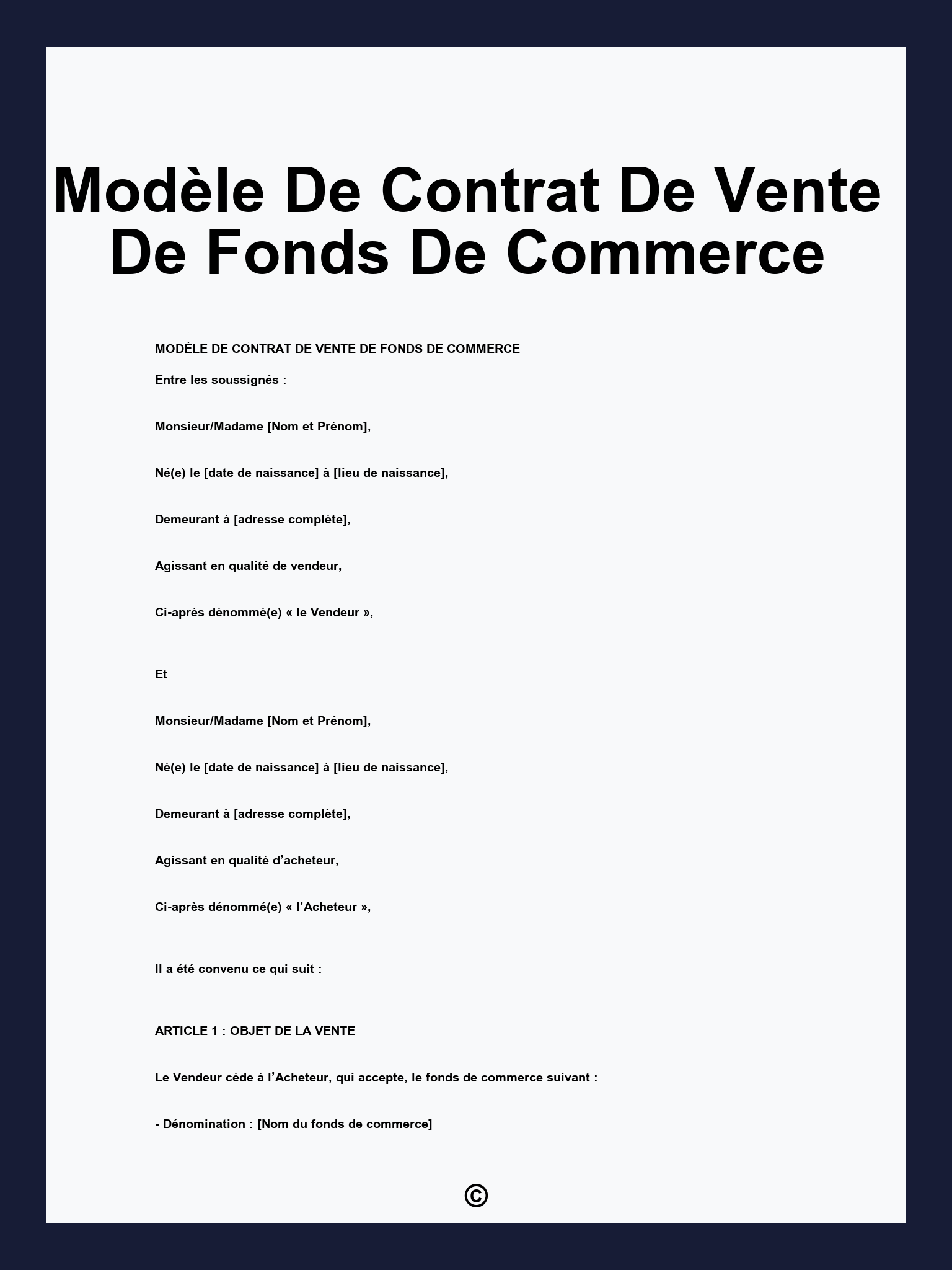 Modèle De Contrat De Vente De Fonds De Commerce